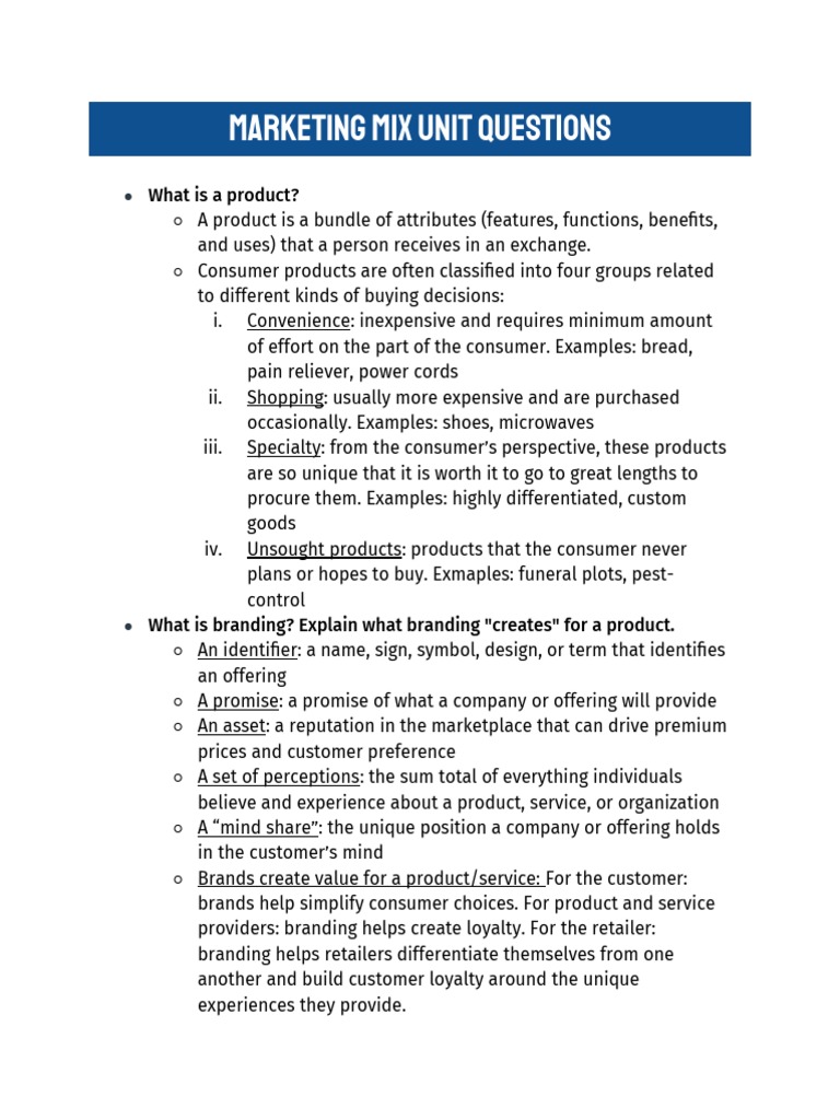 Marketing Mix Unit Questions | PDF | Marketing | Brand