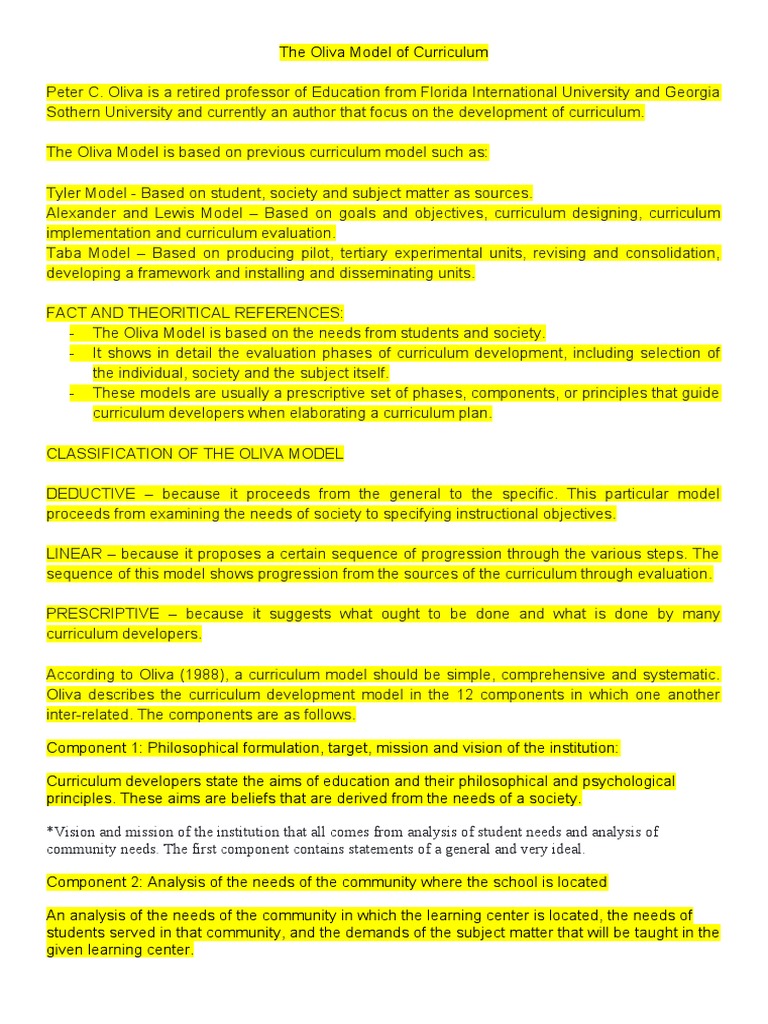 The Oliva Model of Curriculum - Summary Report | PDF | Curriculum ...