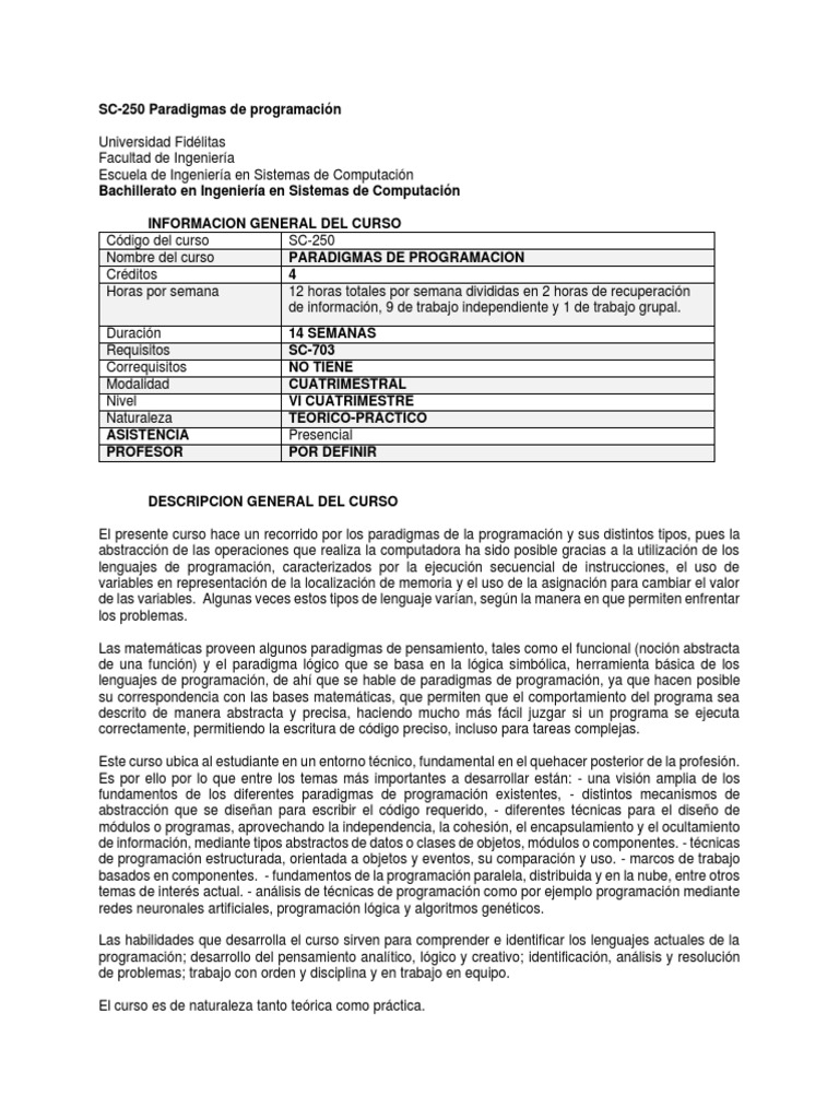 SC-250 Paradigmas de Programacion | PDF | Evaluación | Lenguaje de programación