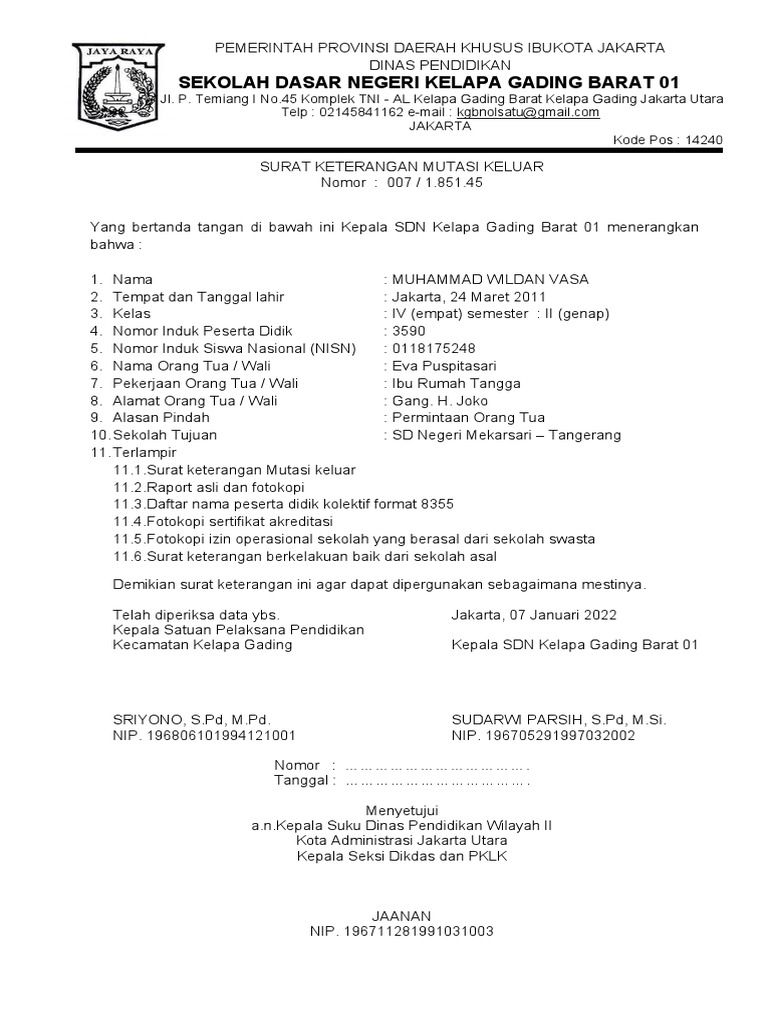 007-008 - Surat Mutasi Keluar A.N Muhammad Wildan Vasa | PDF