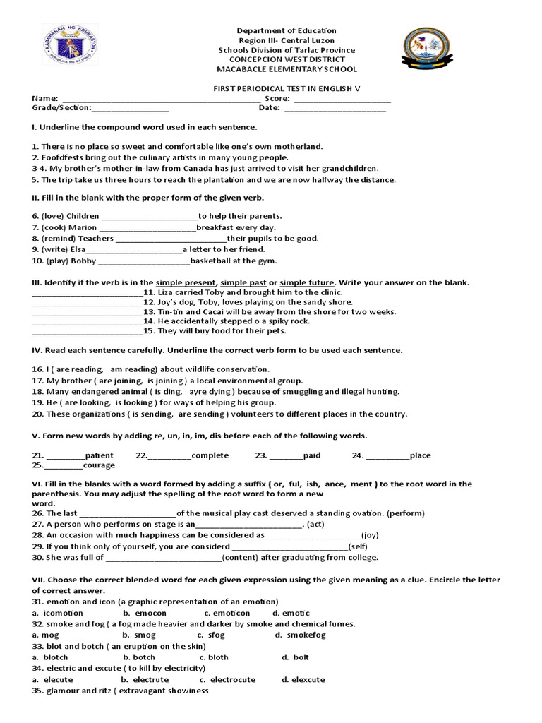 FIRST PERIODICAL TEST IN ENGLISH With TOS | PDF | Grammatical Tense | Verb