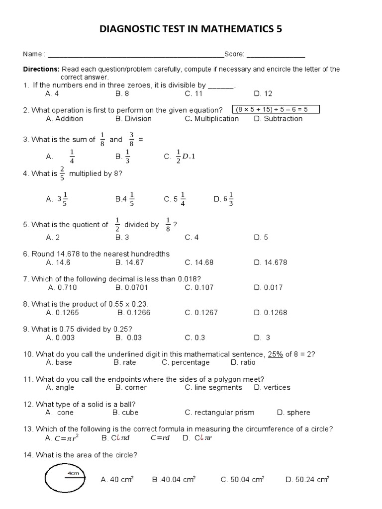 Diagnostic Test in Mathematics 5 | PDF | Area | Circle