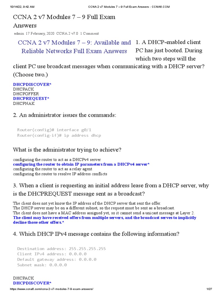 CCNA 2 v7 Modules 7-9 Exam Answers | PDF | Ip Address | I Pv6
