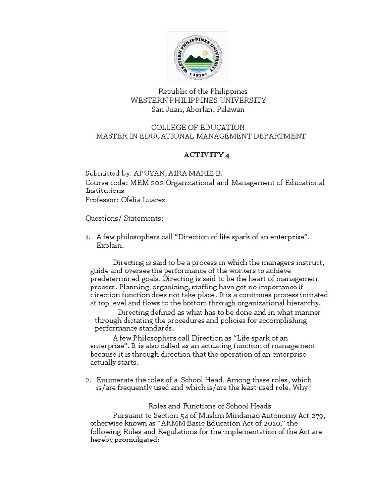 Mem 202 Activity 4 - A. Apuyan | PDF | Teachers | Performance Appraisal