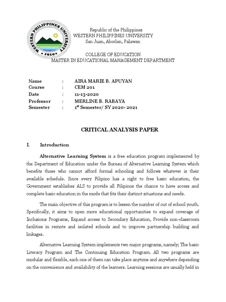 Critical Analysis Paper Final | PDF | Teachers | Learning