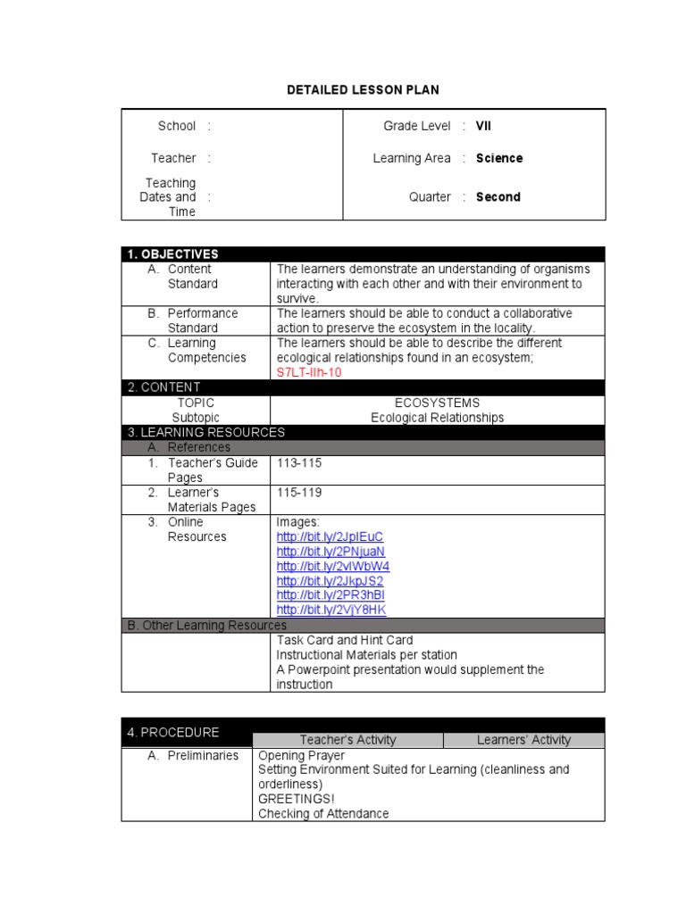 Ecological Relationships Lesson Plan | PDF | Learning | Predation