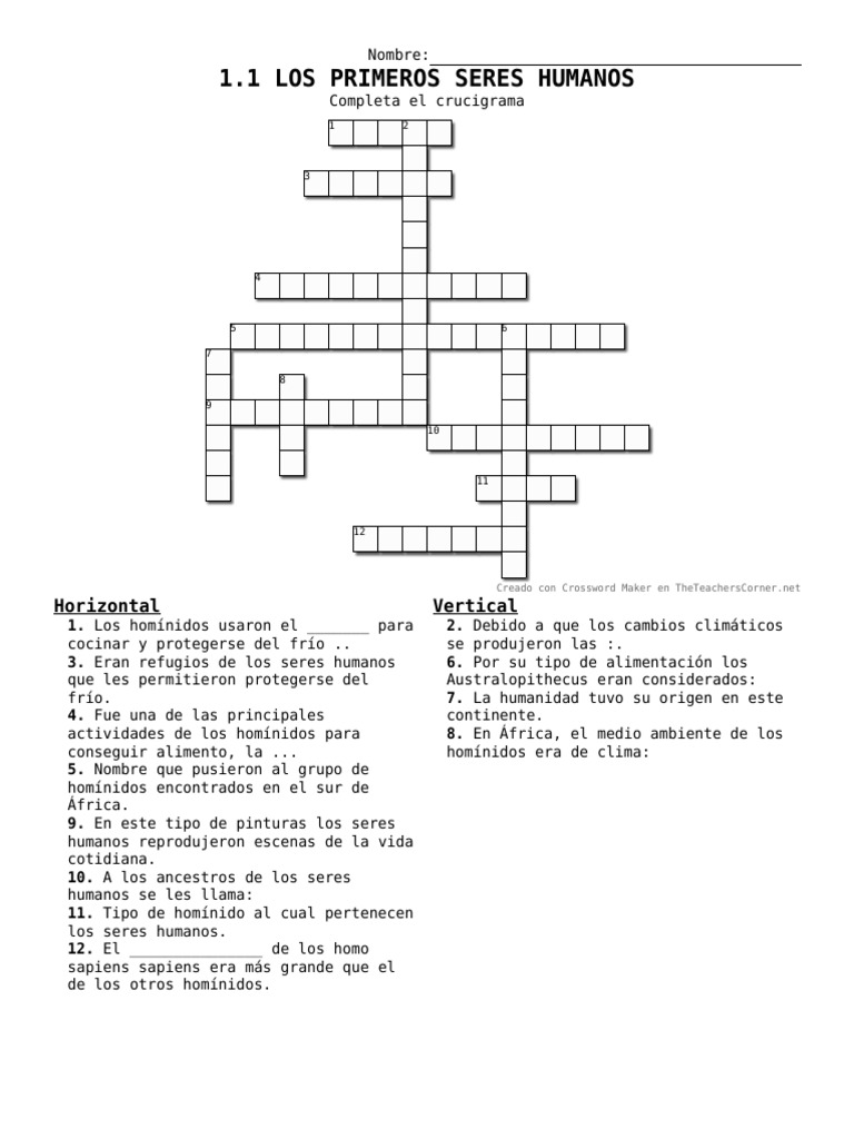 1.1 Los Primeros Seres Humanos. (Crucigrama) | PDF