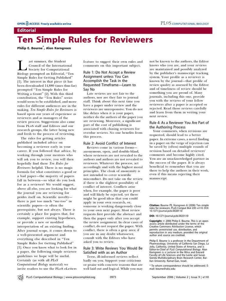 Bourne & Korngreen, 2006. Ten Simple Rules For Reviewers | Download ...