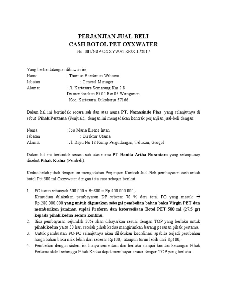 Perjanjian Kerjasama Penjualan Botol PET Cash antara PT Namasindo Plas ...