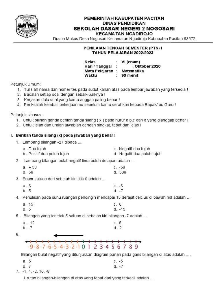 Soal PTS 1 2022 MTK KLS 6 | PDF