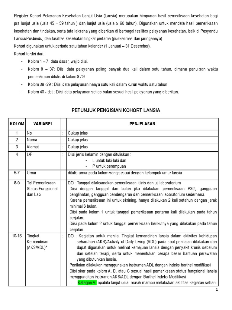Panduan Pengisian Kohort Lansia | PDF