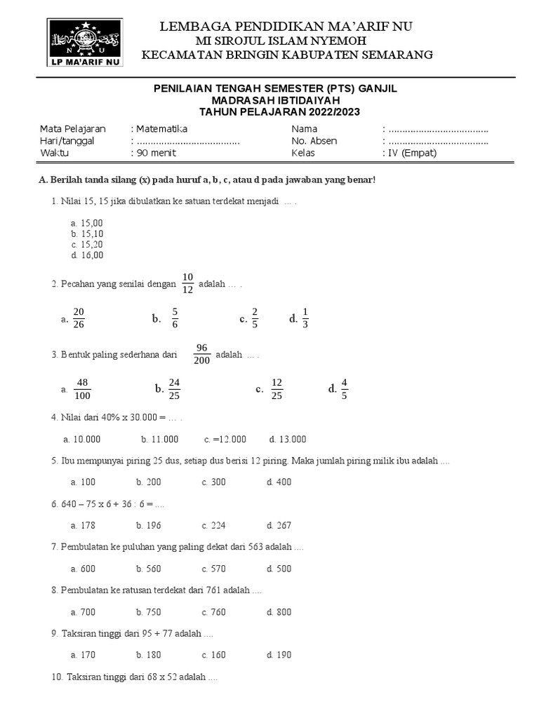 Soal PTS Matematika Kelas 4 Sem 1 | PDF Soal PTS Matematika Kelas 4 Sem 1 | PDF
