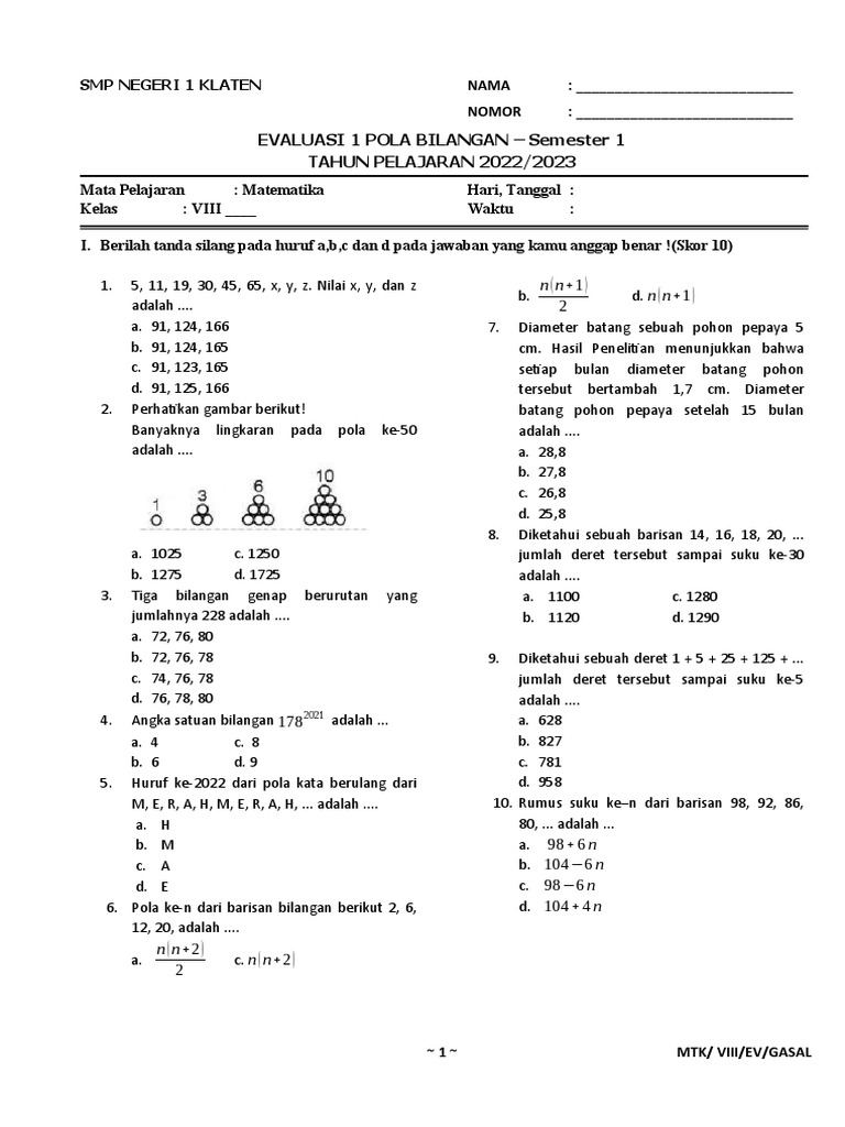 SOAL Pola Bilangan | PDF | Metode & Bahan Ajar