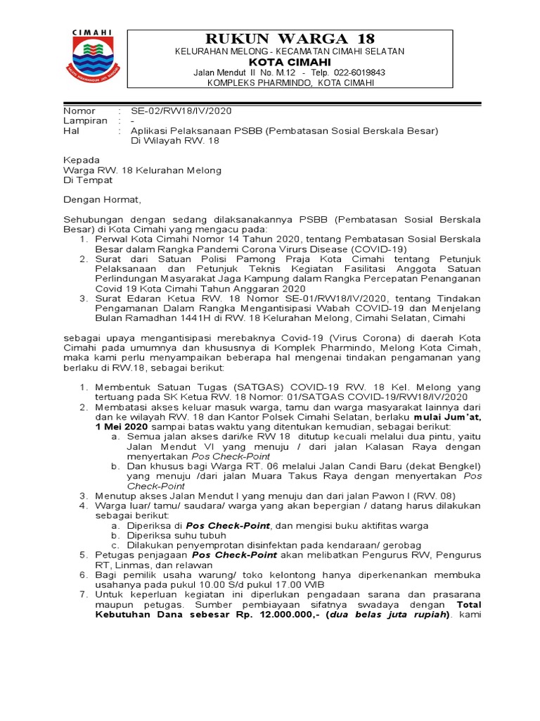 PSBB RW 18 Melong: Protokol dan Pengamanan | PDF