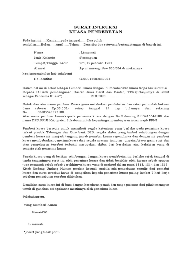 Contoh Surat Intruksi Kuasa Pendebetan | PDF | Olahraga & Rekreasi