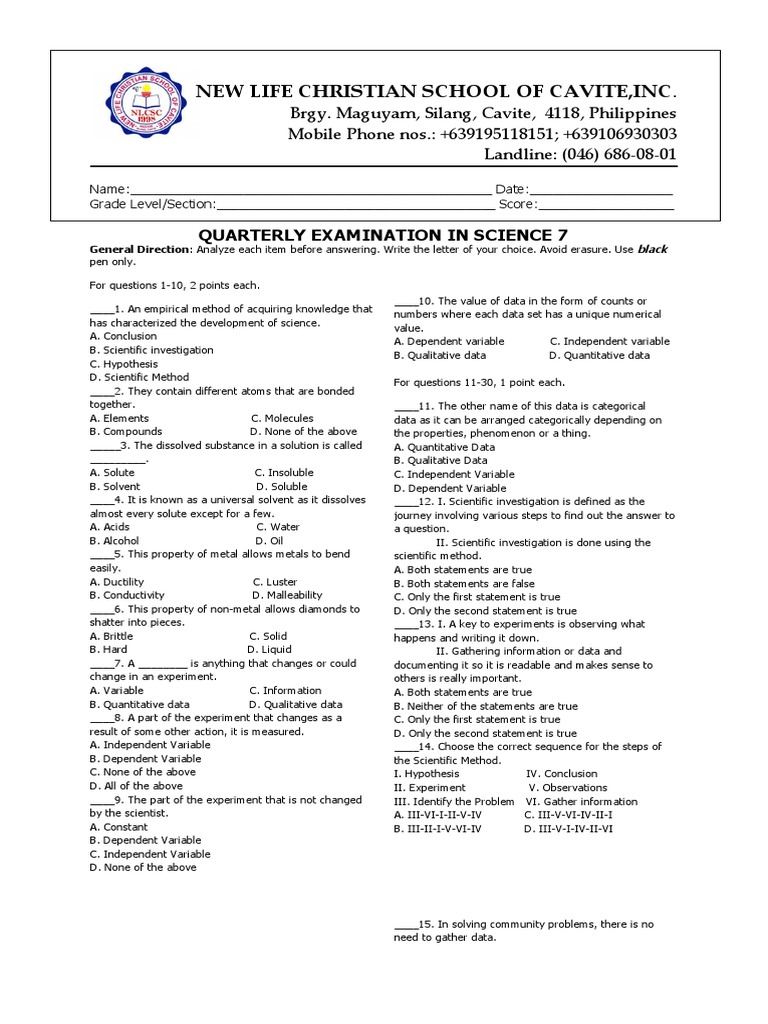 Quarterly-Test-1st-Quarter Science 7 | PDF | Experiment | Scientific Method