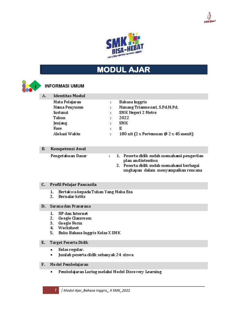 MODUL AJAR B.INGGRIS X SMK - Berdiferensiasi - Intention - 2022 | PDF | Karier & Perkembangan ...