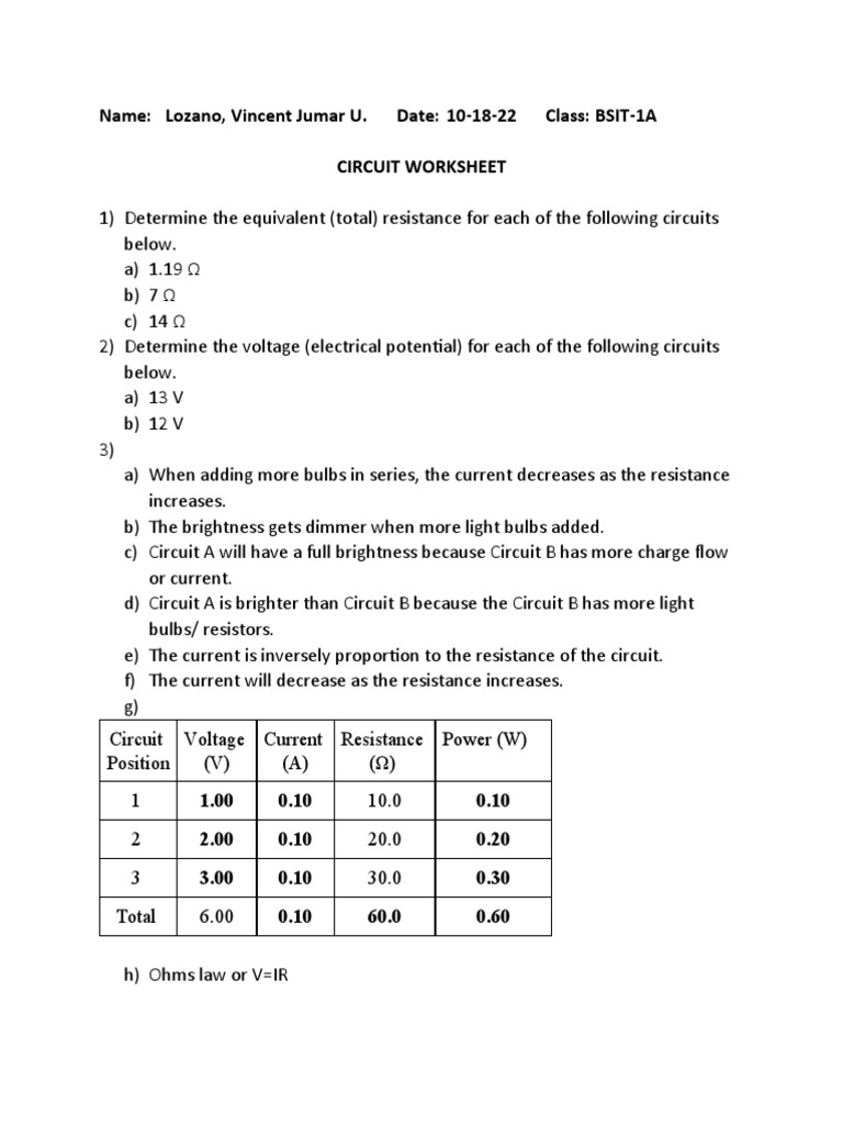 Circuit Analysis and Worksheet Solutions | PDF | Series And Parallel ...
