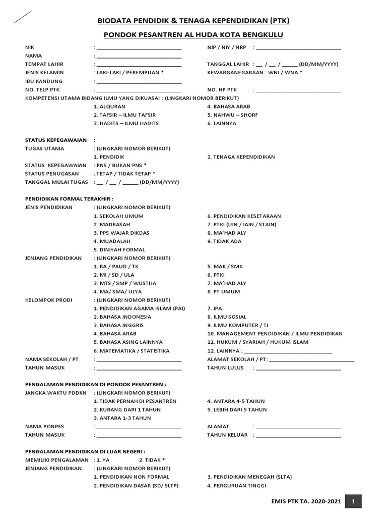 EMIS 2020 - FORM BIODATA PTK Pontren | PDF
