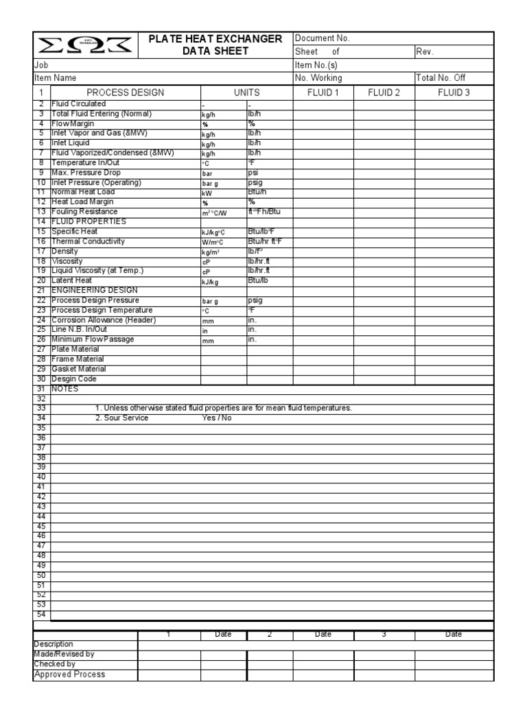 Plate Heat Exchanger Data Sheet | PDF | Heat Exchanger | Mechanical ...