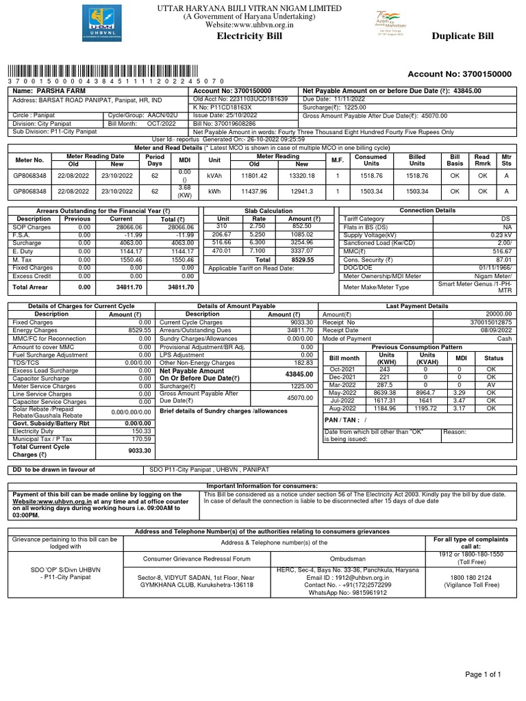 UHBVN Electricity Bill Details for PARSHA FARM | PDF | Electricity ...