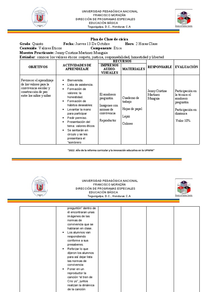 Plan de Clases Civica | PDF | Evaluación | Educación primaria
