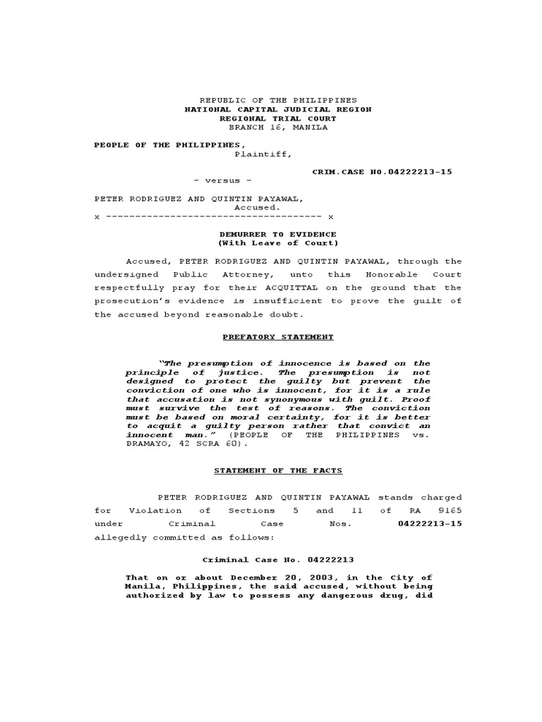 Demurrer To Evidence Rodriguez and Payawal | PDF | Burden Of Proof (Law) | Reasonable Doubt