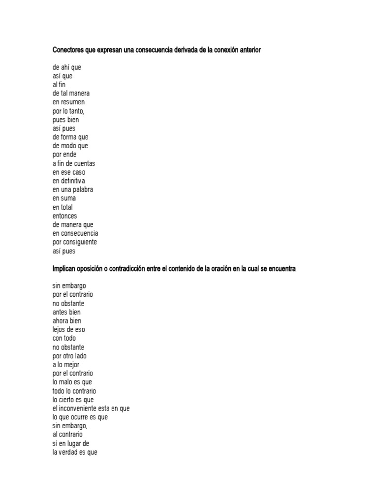 Conectores de Consecuencia y Oposición | PDF | Artes del Lenguaje y ...
