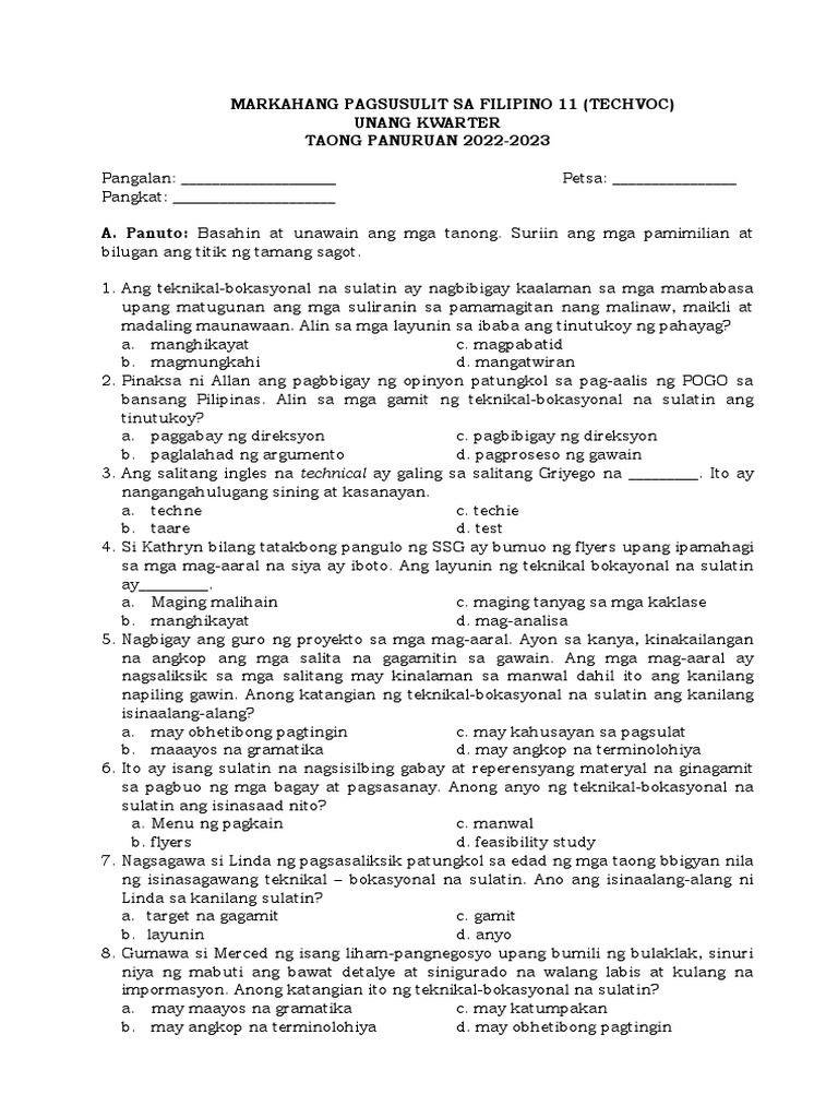 Markahang-Pagsusulit-Sa-Filipino Techvoc-Q1 | PDF