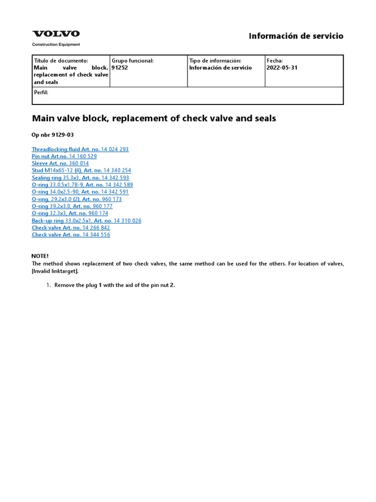 Main Valve Block Check Valve Replacement | PDF | Valve | Equipment