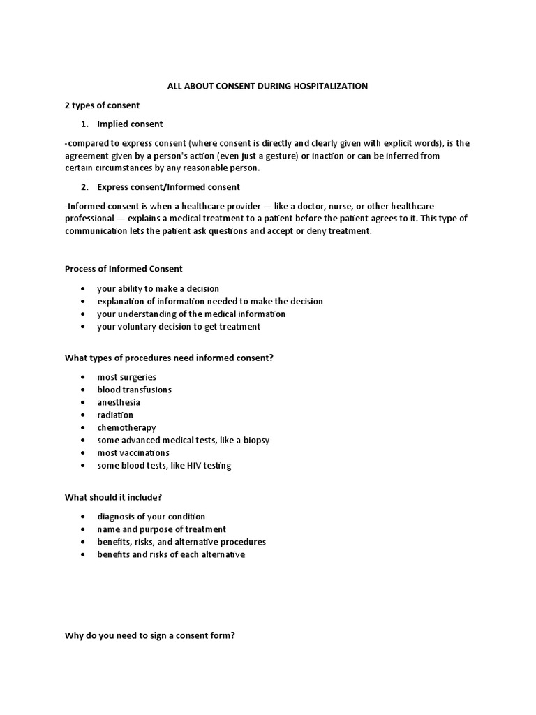 Hospital Consent Types | PDF | Informed Consent | Patient