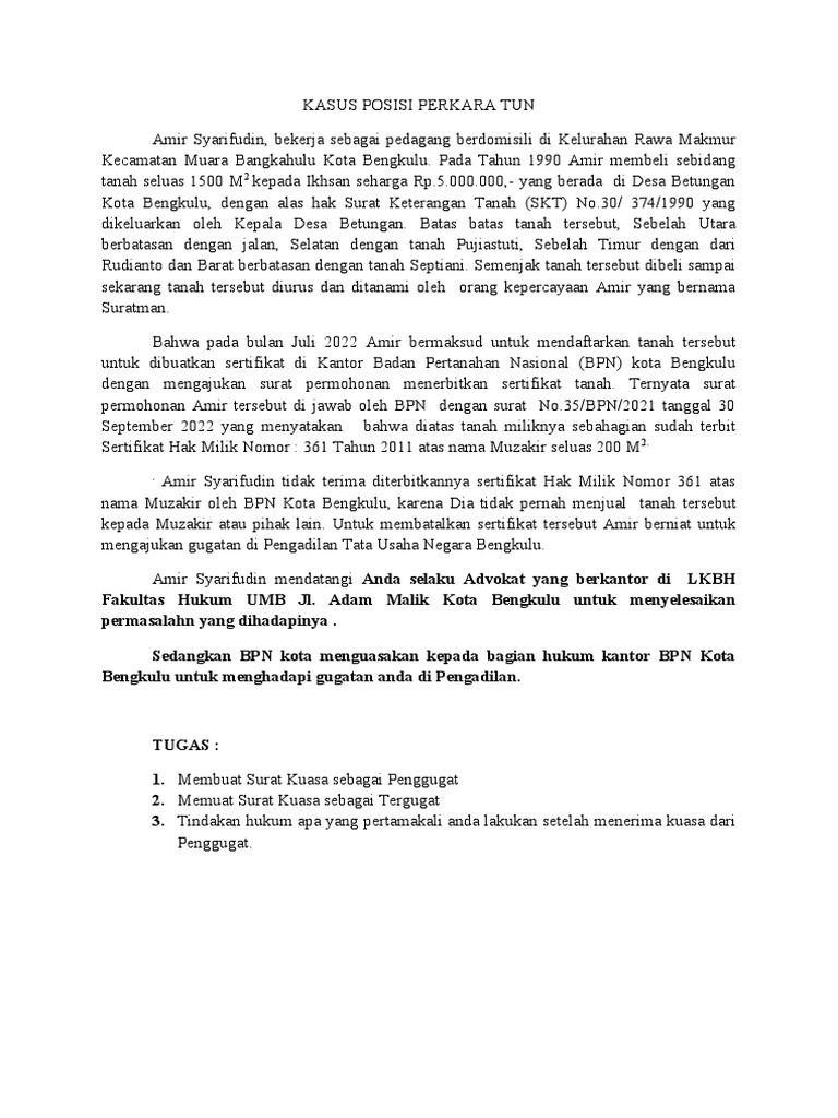 SURAT KUASA KASUS POSISI PERKARA TUN Tugas Putri | PDF