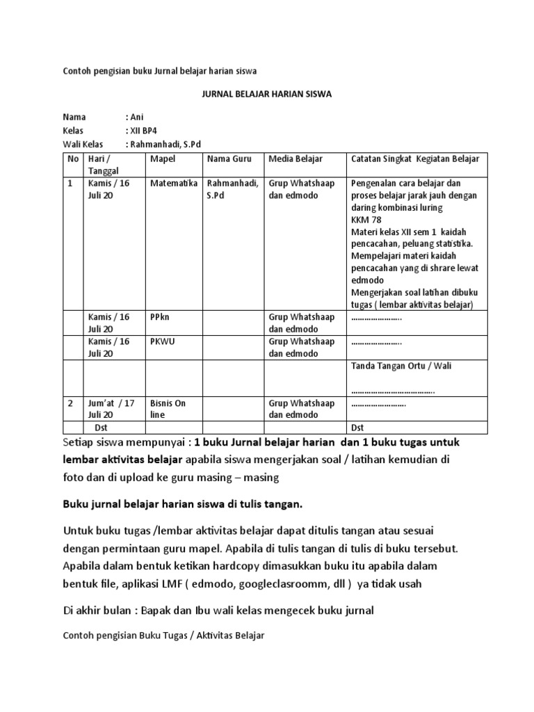Contoh Pengisian Buku Jurnal Dan Aktivitas Belajar Harian Siswa | PDF