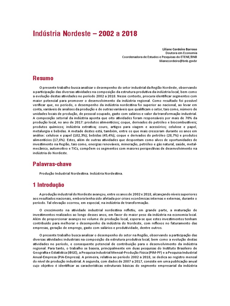 Indústria Nordeste - 2002 A 2018 | PDF | Economia | Brasil