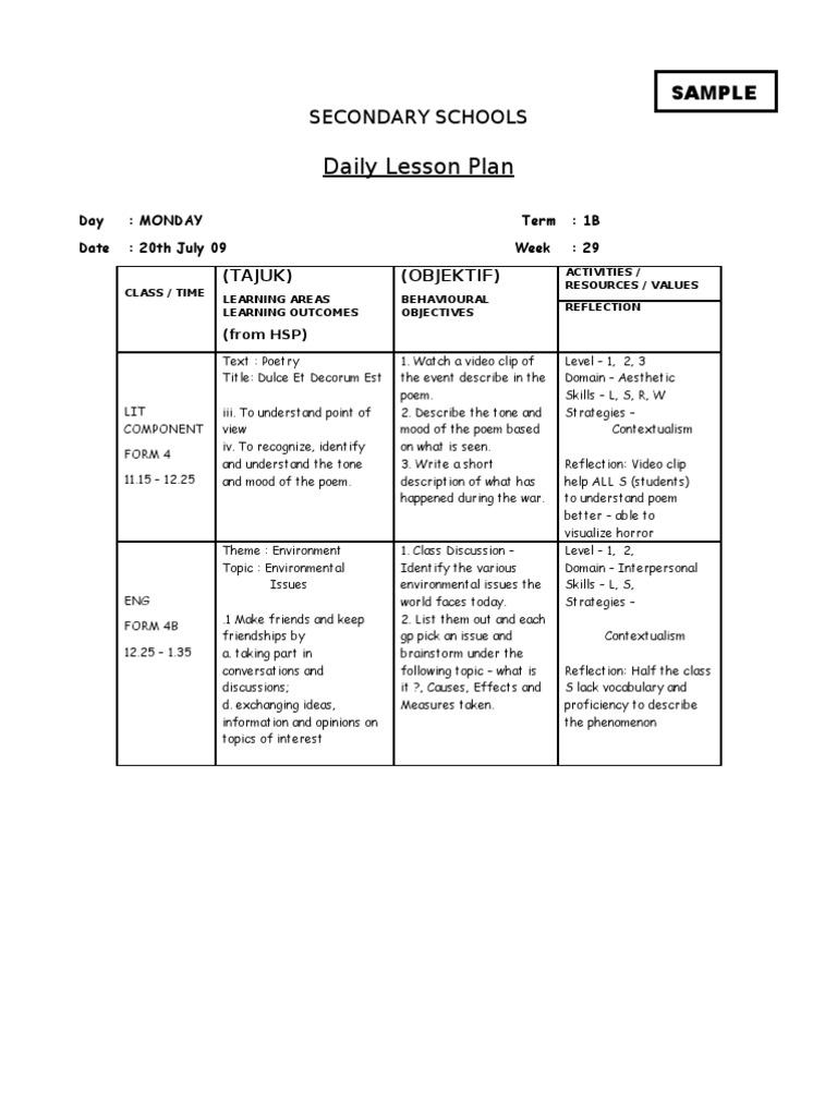 Daily Lesson Plan: Sample Secondary Schools | PDF
