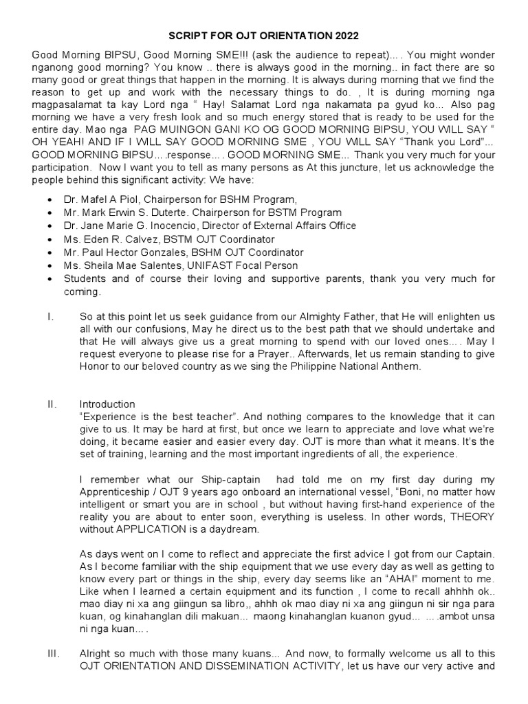 Script For Ojt Orientation 2022 | PDF | Psychological Theories ...