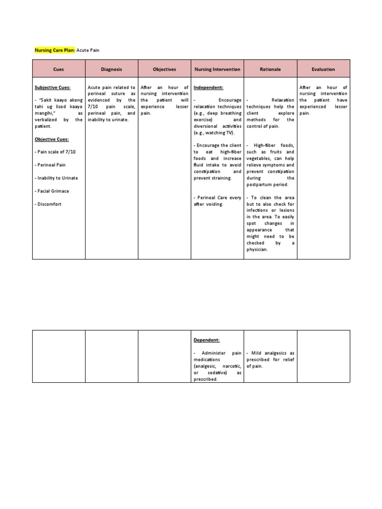 Nursing Care Plan 2 (Postpartum Hemorrhage) | PDF | Pain | Constipation