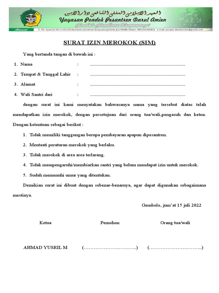 Surat Izin Merokok Santri Lirboyo | PDF
