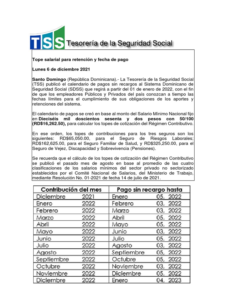 Calendario pagos TSS 2022 topes salarial RD | PDF