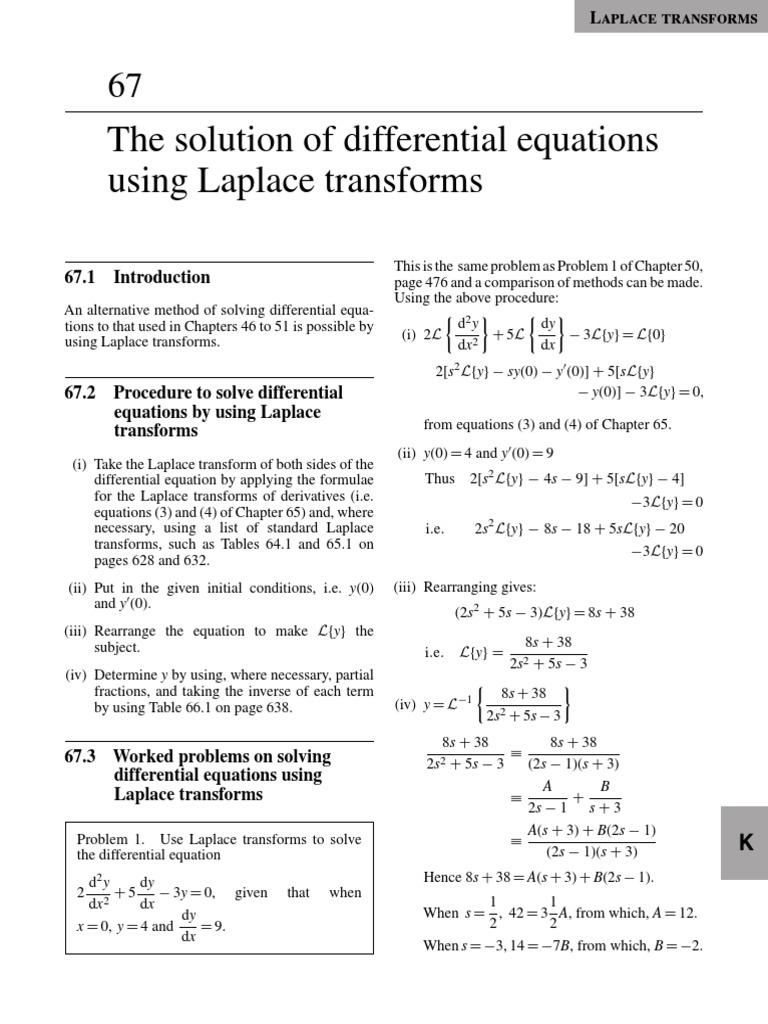 The Solution of Differential Equations Using Laplace Transforms | PDF | Laplace Transform ...