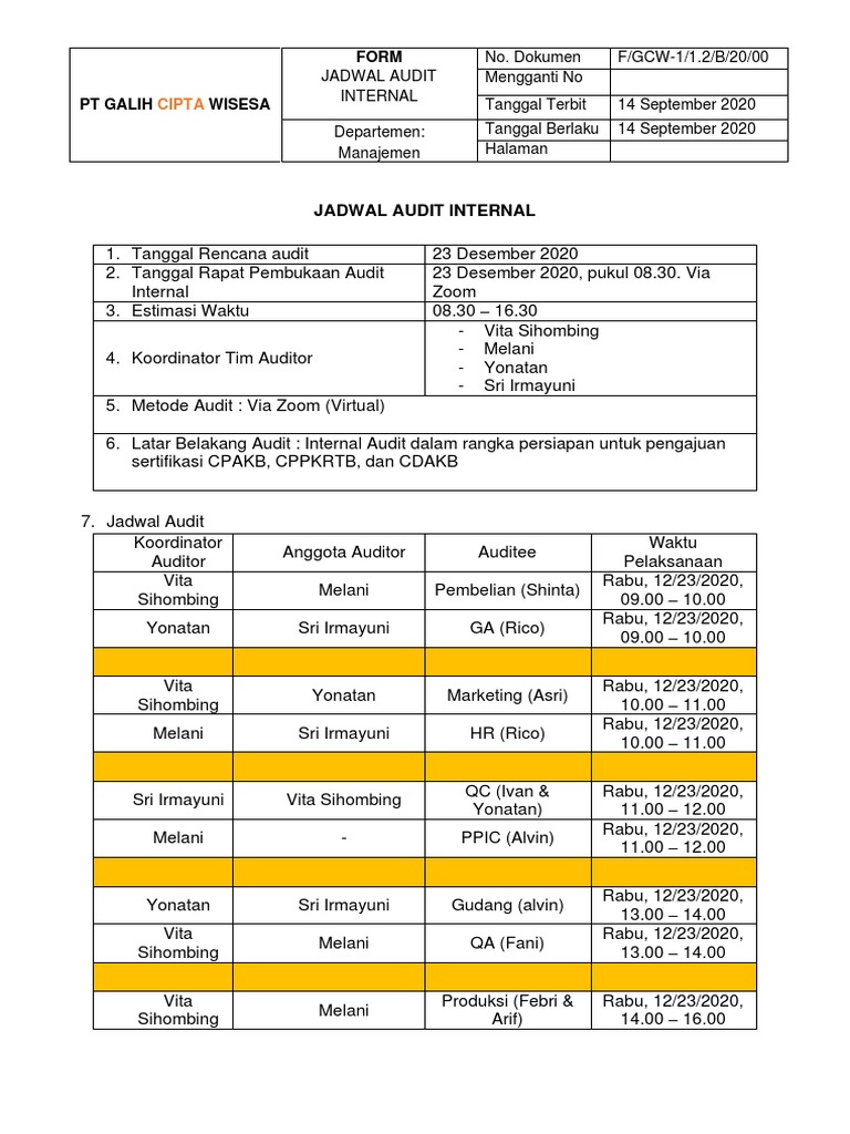 1.2 B Form Jadwal Audit Internal | PDF