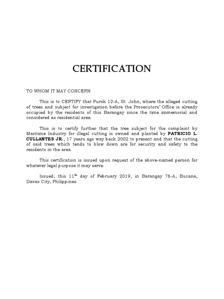 CERTIFICATION (Cutting of Trees Requested by CULLANTES) | PDF