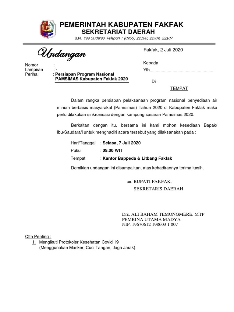 Draft Undangan KMP Pamsimas 2020 | PDF