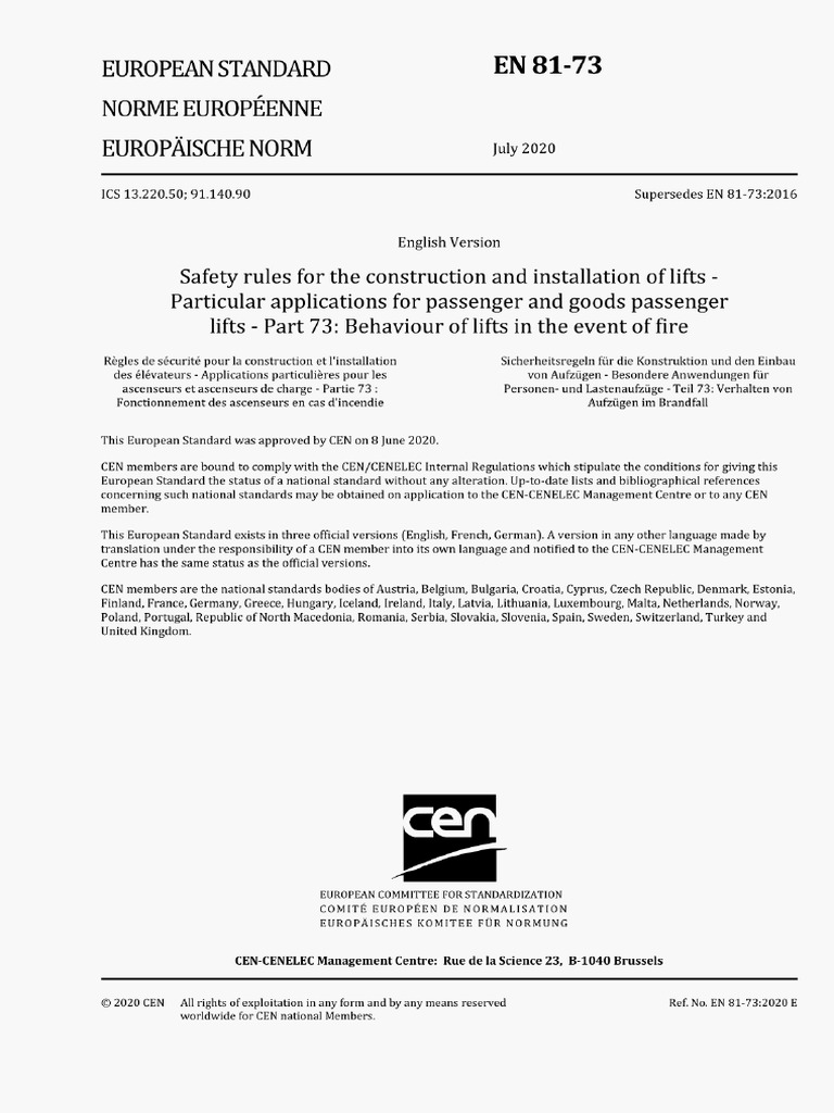 EN 81-73-2020 - Behaviour of Lifts in The Event of Fire | PDF | Elevator | Safety