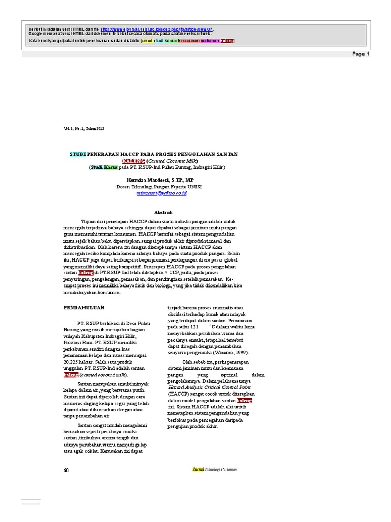 60 Studi Penerapan Haccp Pada Proses Pengolahan Santan Kaleng (Canned Coconut Milk) (Studi Kasus ...