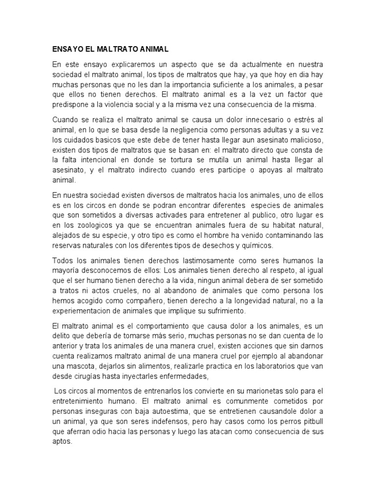 Ensayo El Maltrato Animal | PDF | Crueldad hacia los animales | Abuso ...