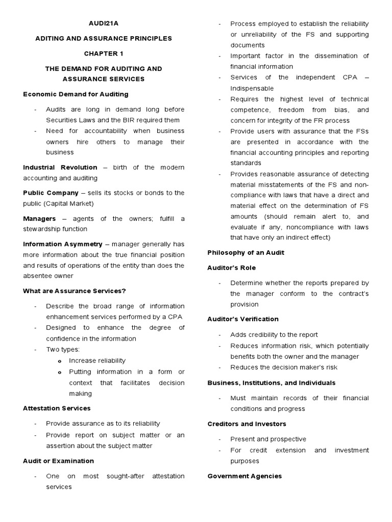 An Overview of the Demand for Auditing and Assurance Services, the Role of the Auditor, and ...