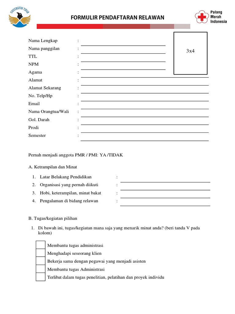 Form Pendaftaran KSR Pmi Untidar 2021 | PDF