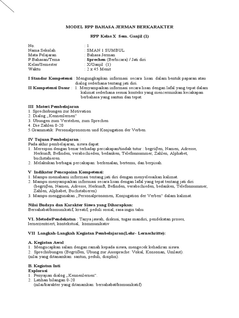 RPP Bahasa Jerman Jadul Kls I-III | PDF