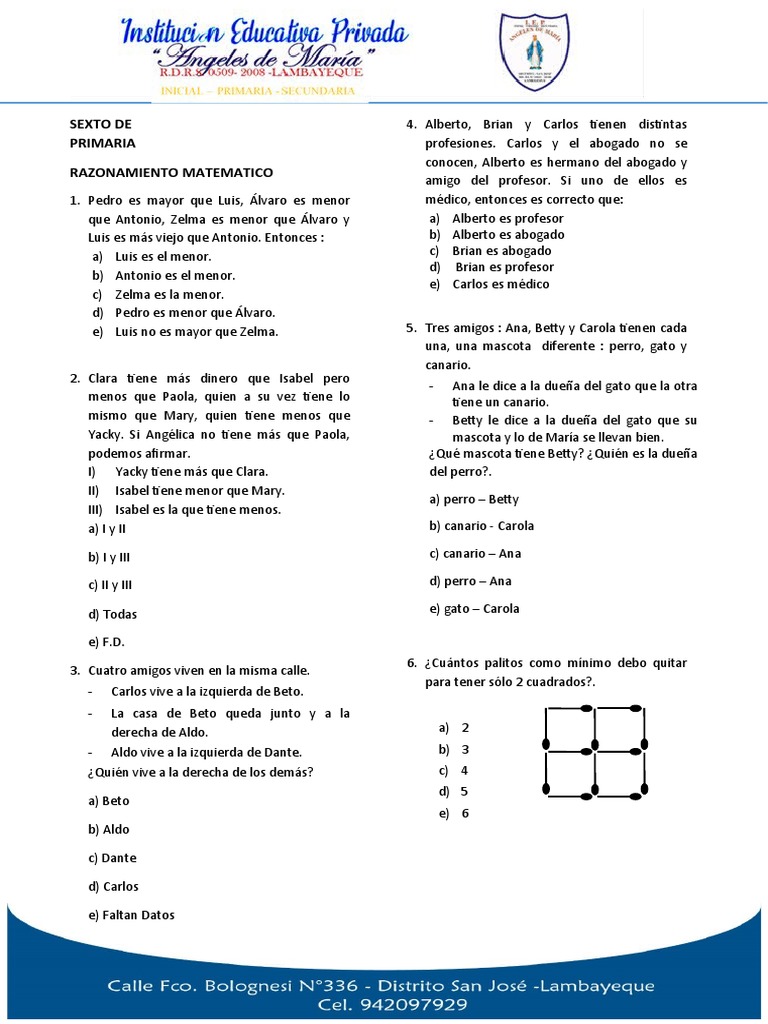 Preguntas Examen Simulacro Matematica - 6to Grado | PDF